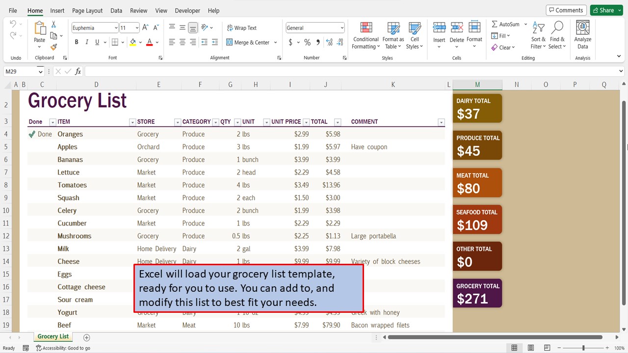 Ready To Use Grocery List Template In Excel 365 - Mark's Excel Tips