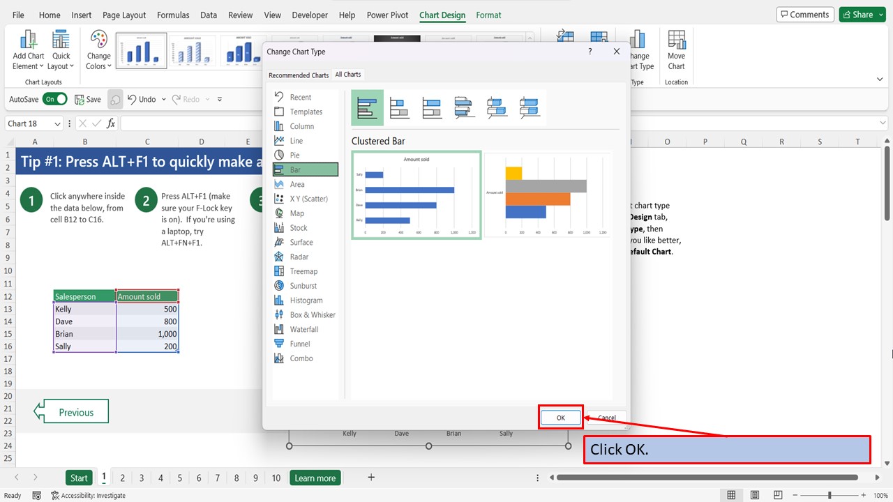 Ten Tips For Excel Charts | Tip # 1 | Press Alt + F1 to quickly make a ...