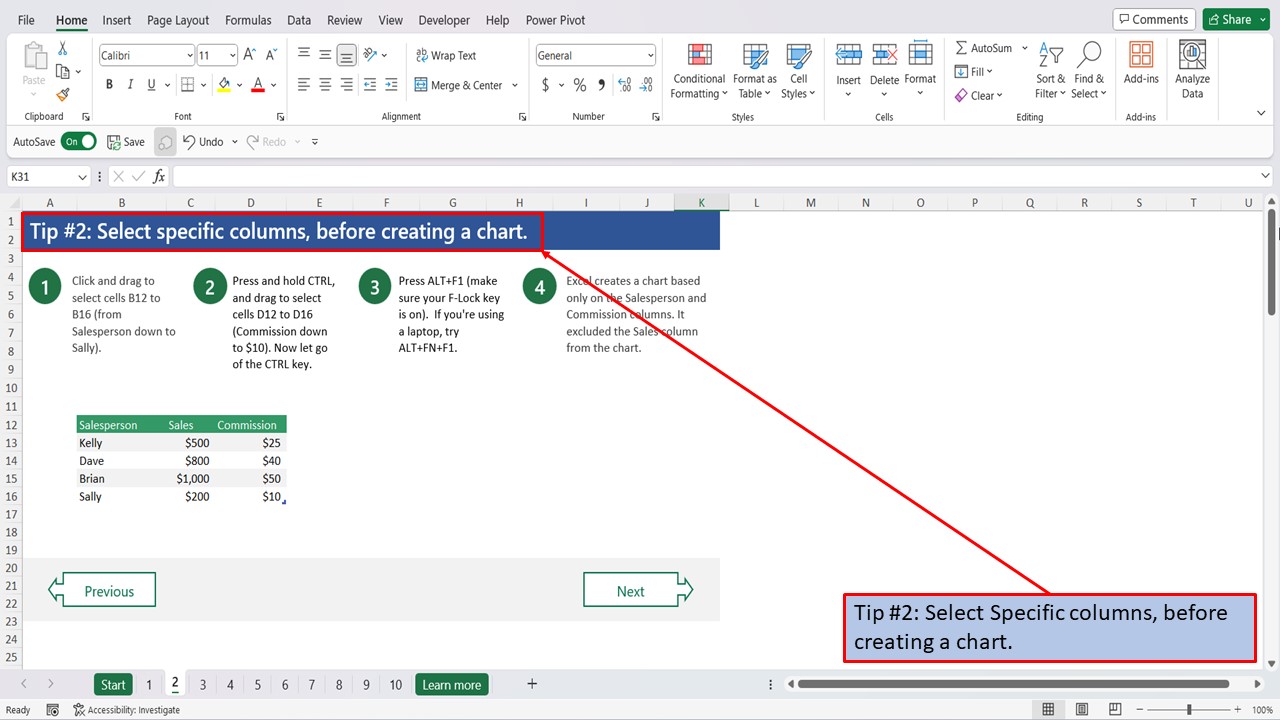 Ten Tips For Excel Charts | Tip # 2 | Select specific columns, before ...