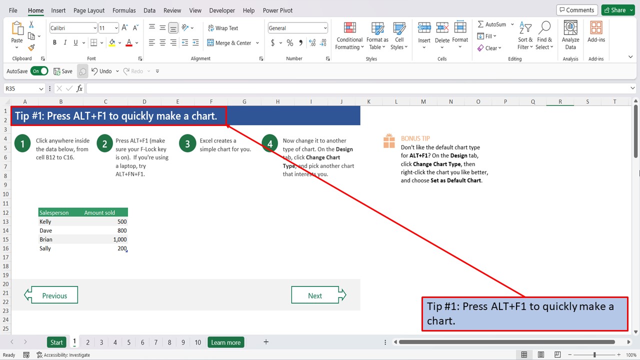 Ten Tips For Excel Charts | Tip # 1 | Press Alt + F1 to quickly make a chart - Mark's Excel Tips