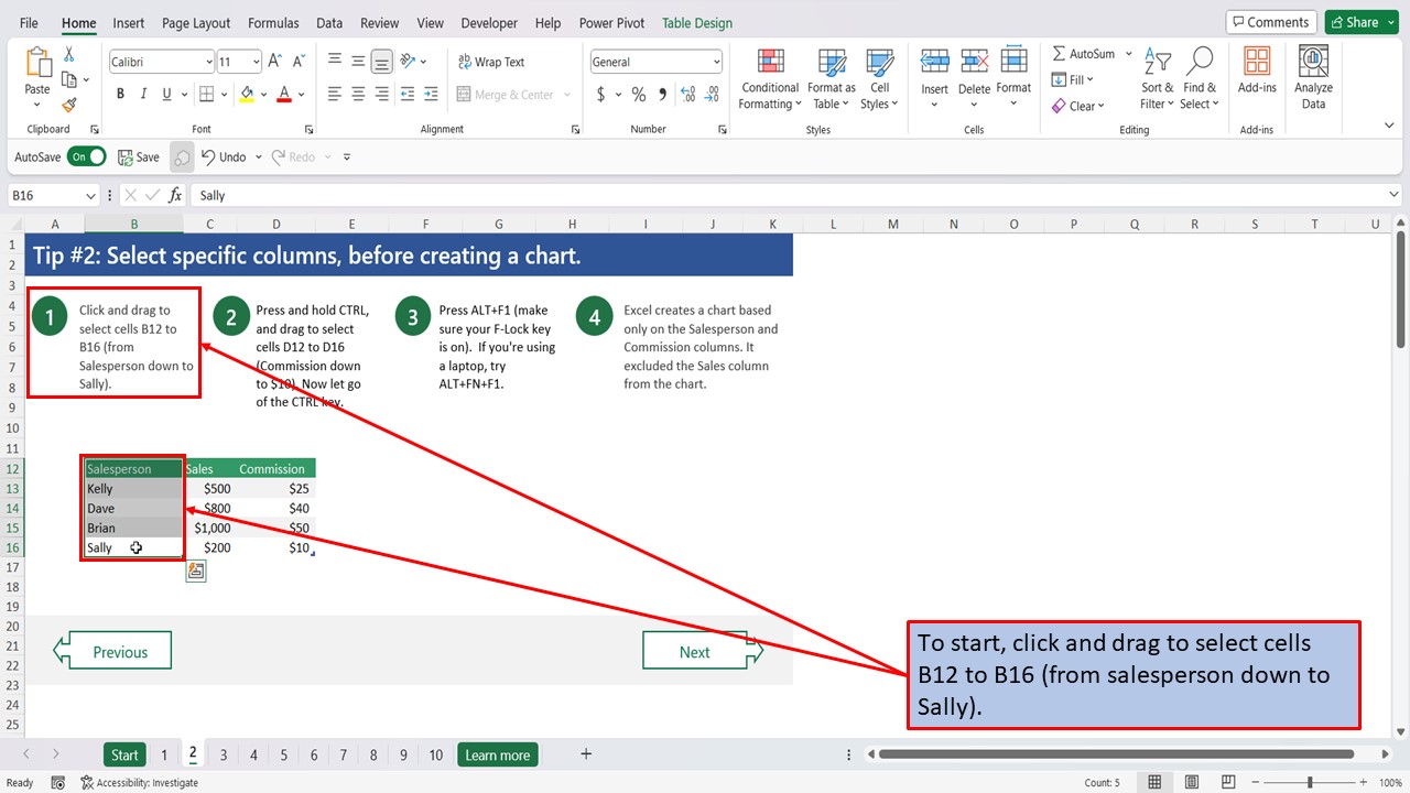Ten Tips For Excel Charts | Tip # 2 | Select specific columns, before ...