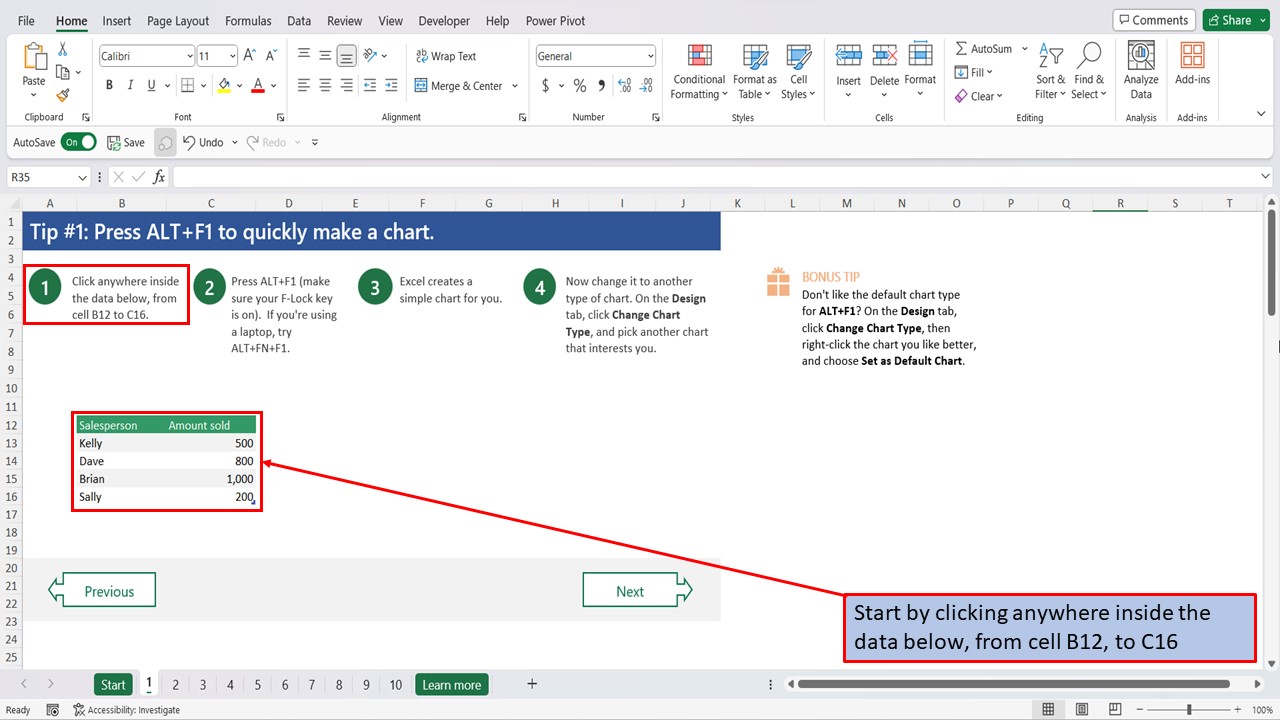 Ten Tips For Excel Charts | Tip # 1 | Press Alt + F1 to quickly make a ...
