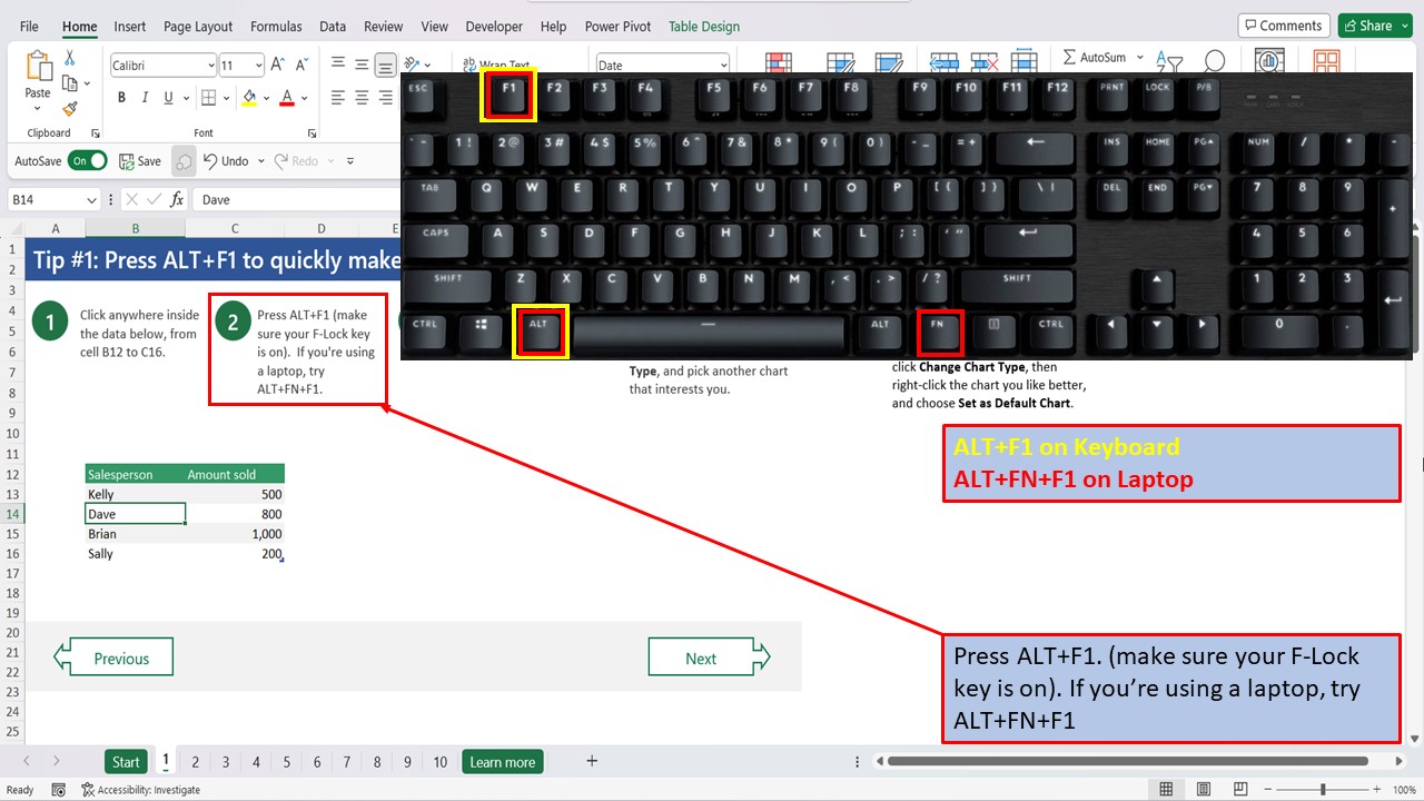 Ten Tips For Excel Charts | Tip # 1 | Press Alt + F1 to quickly make a chart - Mark's Excel Tips