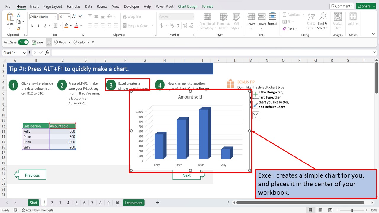 Ten Tips For Excel Charts | Tip # 1 | Press Alt + F1 to quickly make a ...