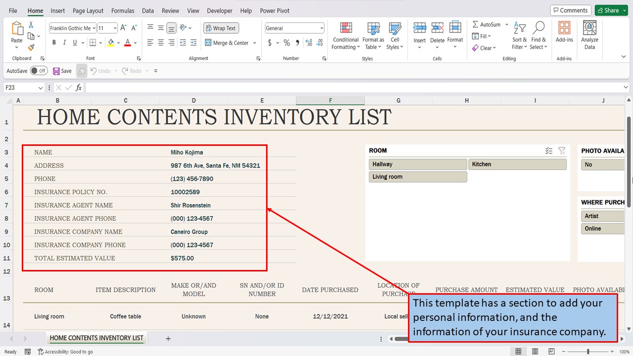 Ready To Use Home Inventory Template For Excel 365 - Mark's Excel Tips