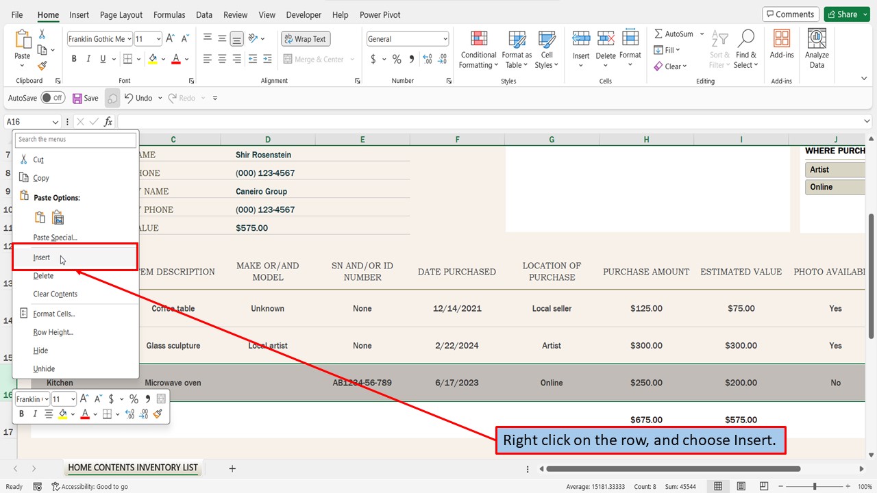 Ready To Use Home Inventory Template For Excel 365 - Mark's Excel ...