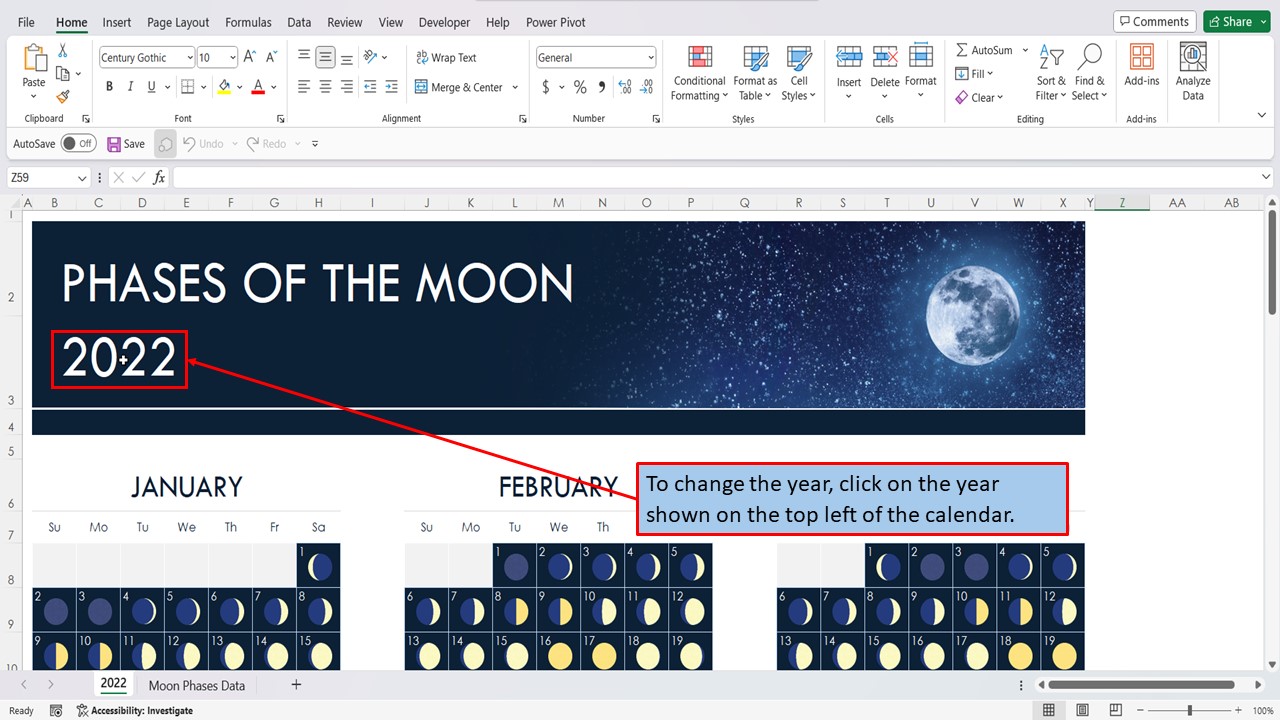 Create A Phases Of The Moon Calendar Using Excel 365 - Mark's Excel Tips