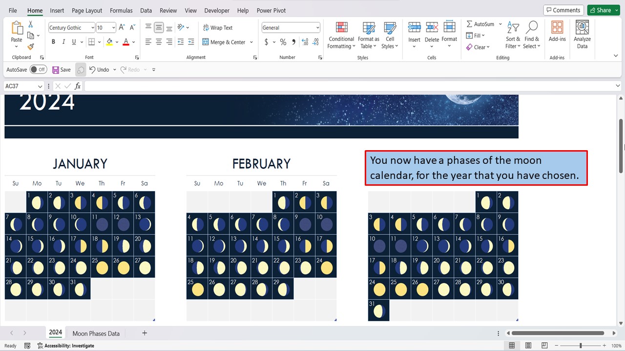 Create A Phases Of The Moon Calendar Using Excel 365 - Mark's Excel Tips